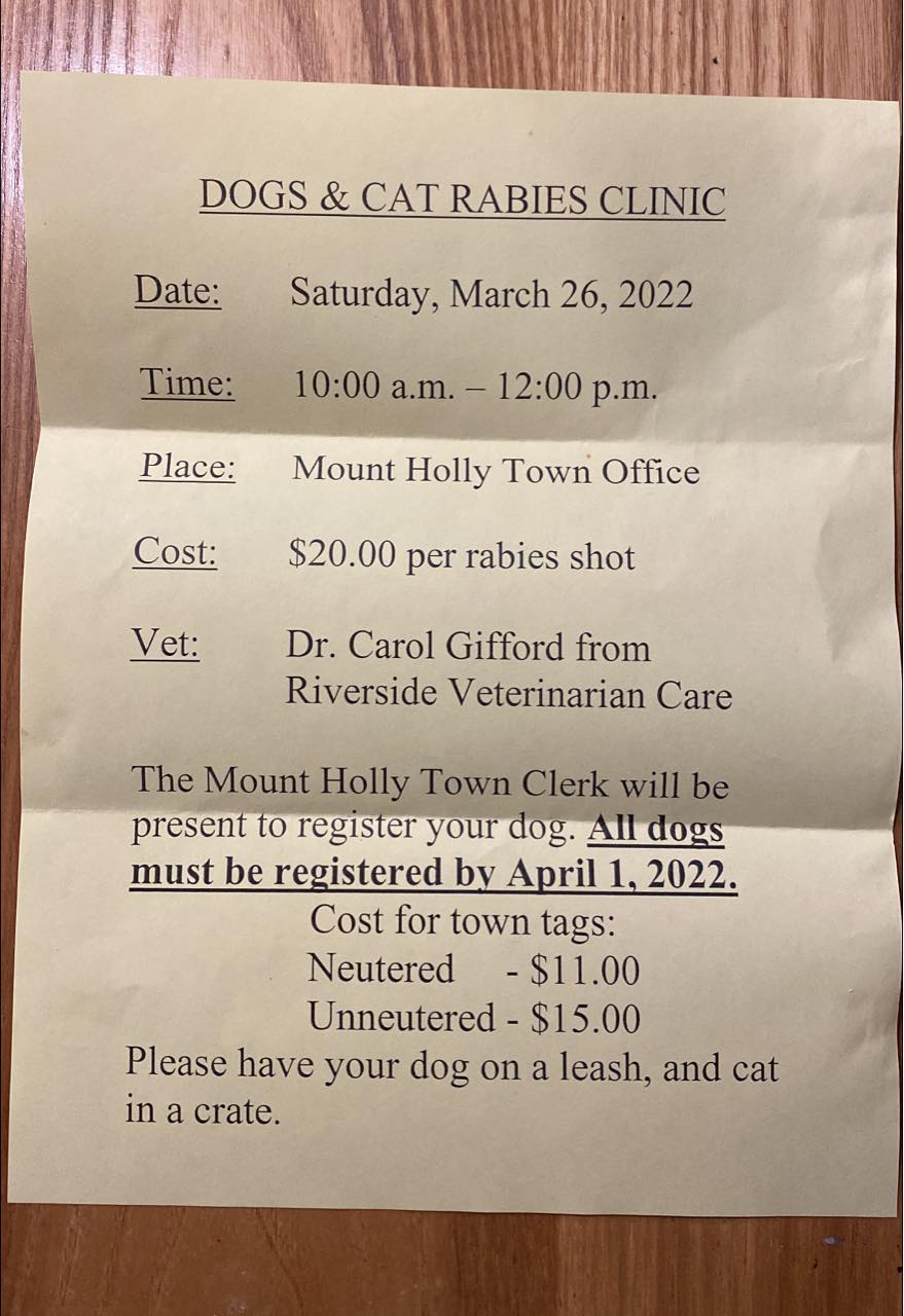 2022 Rabies Clinic – Mount Holly, Vermont