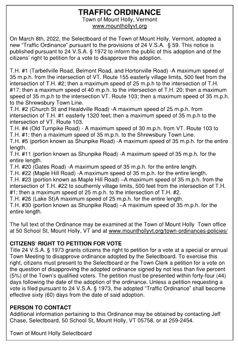 Traffic Legal Notice – Mount Holly, Vermont